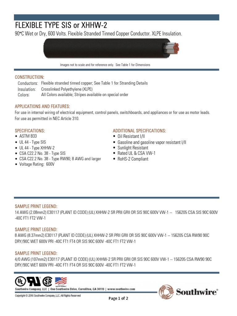 Flexible Type Sis or Xhhw-2: 90°C Wet or Dry, 600 Volts. Flexible ...