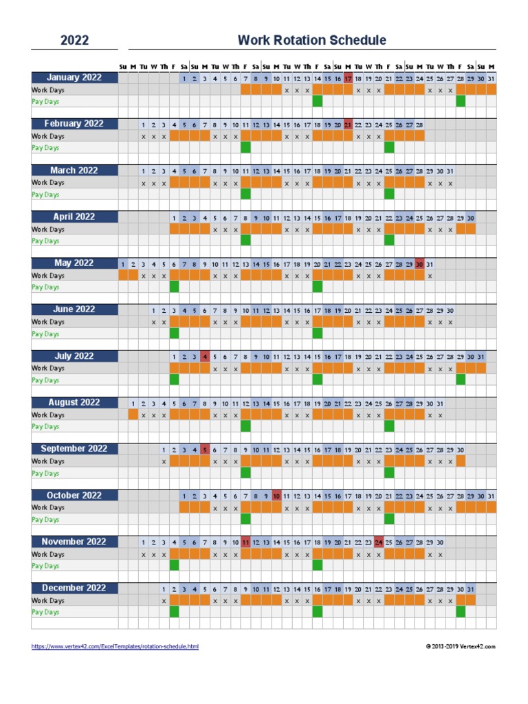 2022 Work Rotation Schedule: January 2022 | PDF | Worksheet | Holidays
