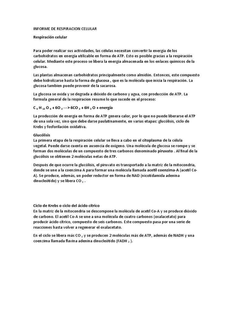 Informe de Respiracion Celular | PDF | Trifosfato de adenosina | Respiración celular