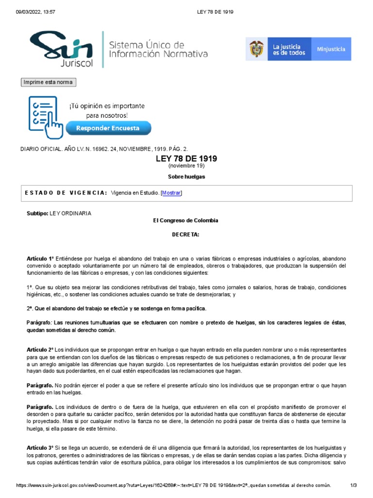 Ley 78 de 1919 sobre Huelgas en Colombia | PDF | Justicia | Crimen y ...