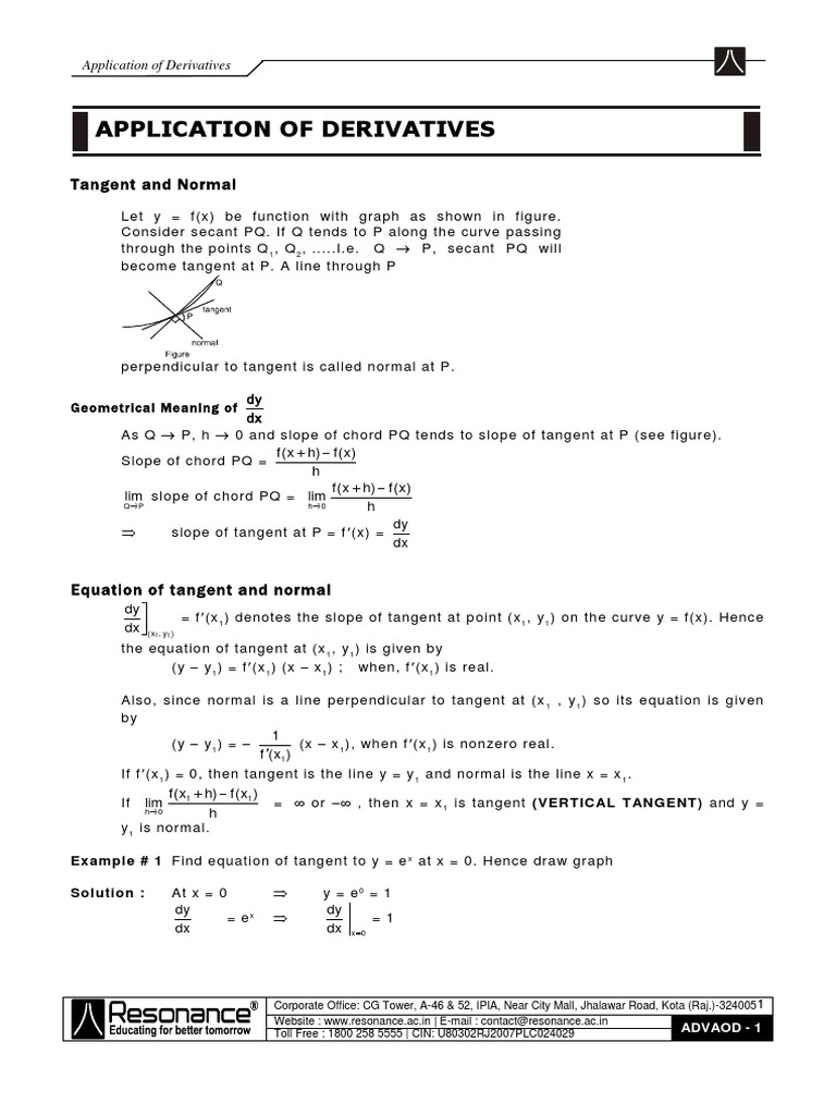 Application of Derivatives: Tangent and Normal | PDF | Maxima And ...