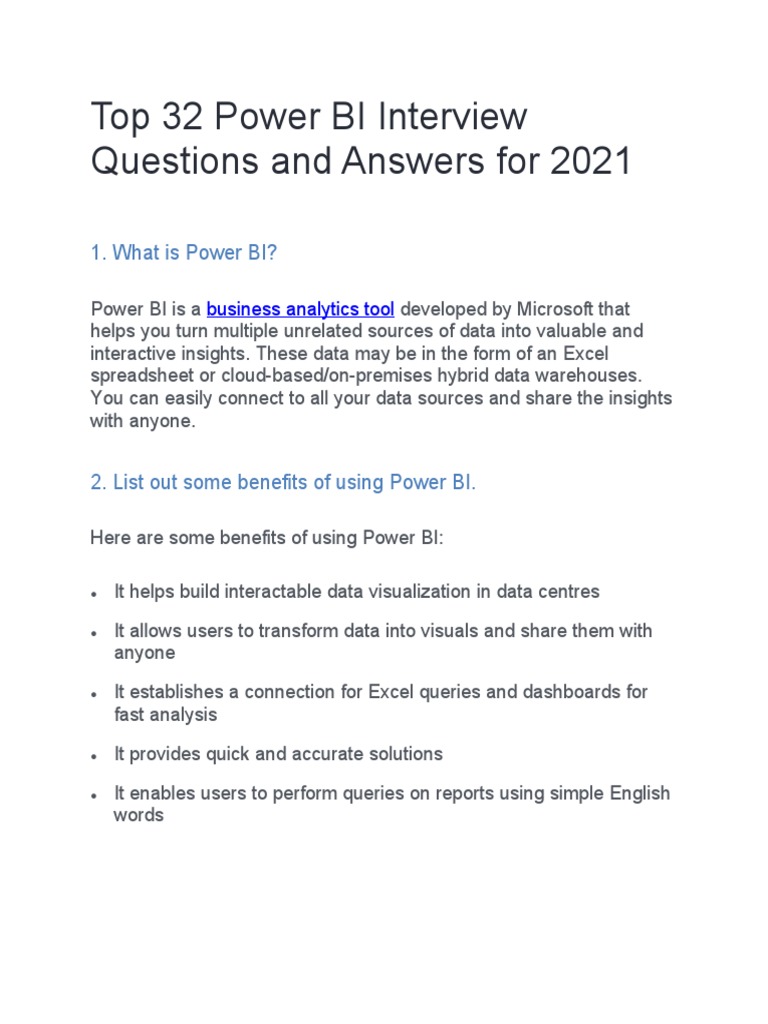 Top 32 Power BI Interview Questions and Answers For 2021 | PDF | Microsoft Excel | Microsoft Sql ...