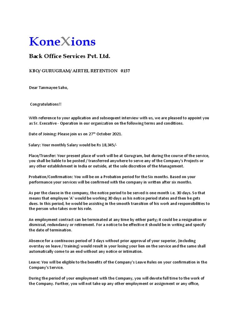 Offer Letter - Tanmayee Sahu | PDF | Employment | Government