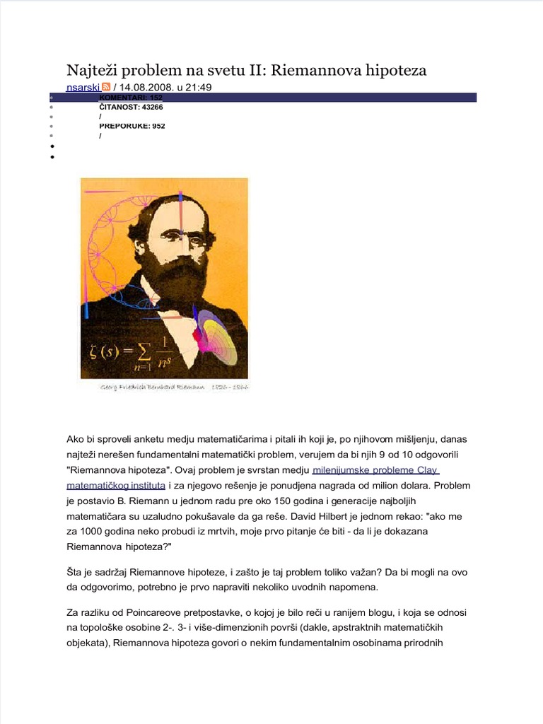 Najtezi Problem Na Svetu II-Riemannova Hipoteza | PDF