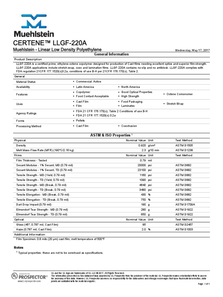 Certene™ Llgf-220A: Muehlstein - Linear Low Density Polyethylene | PDF ...