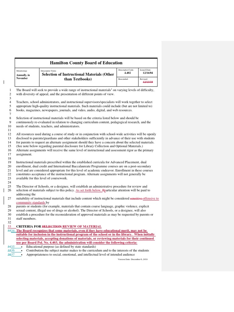 Proposed Policy For Books Used in Hamilton County Schools | PDF ...