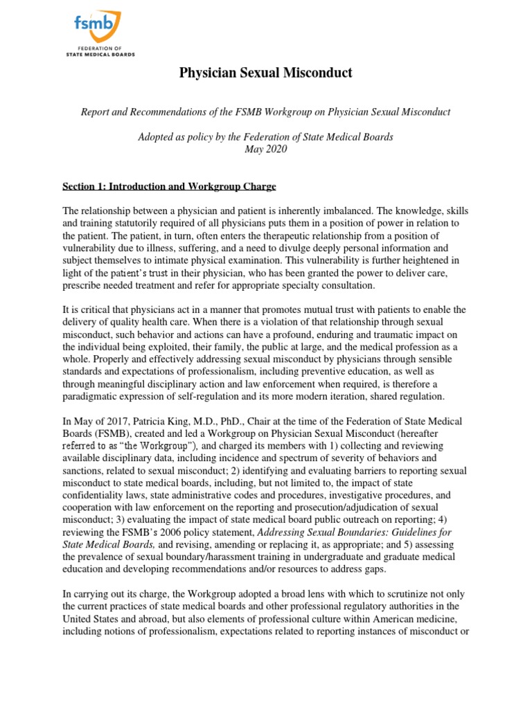 FSMB Report of Workgroup On Sexual Misconduct (Adopted Version) | PDF ...