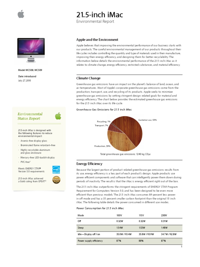 21.5inch Imac Product Environmental Report 20100727 | PDF | Recycling ...