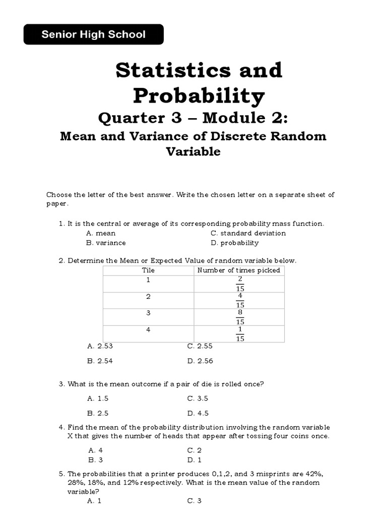 Statistics - Probability - Q3 - Mod2 - Mean and Variance of Discrete Random Variable v2 | PDF ...