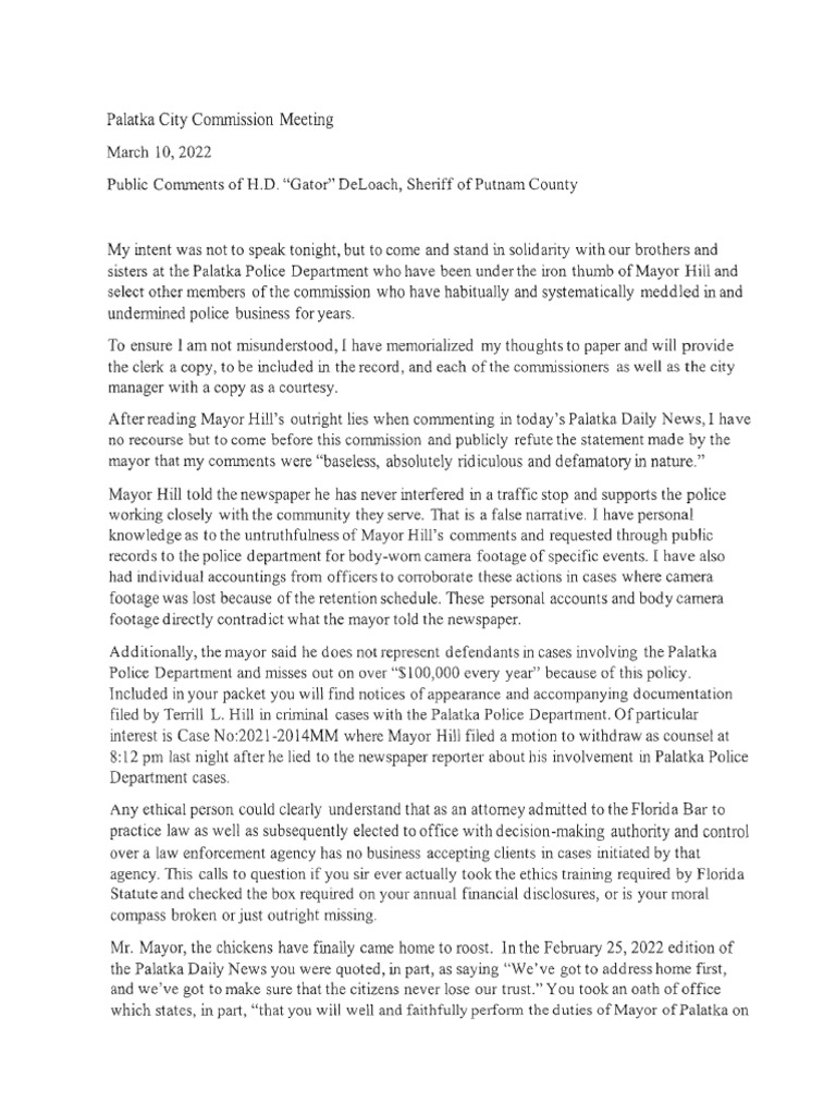 Sheriff Gator DeLoach Letter and Palatka PD/court Cases | PDF