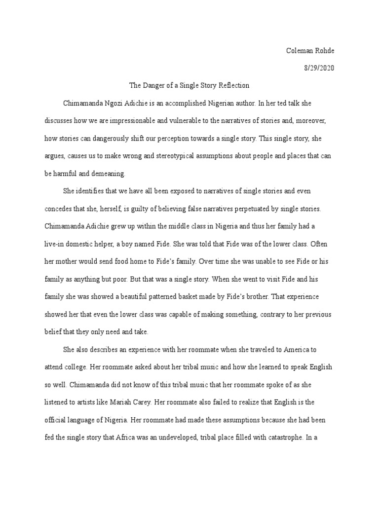 The Danger of A Single Story Reflection 1 | PDF