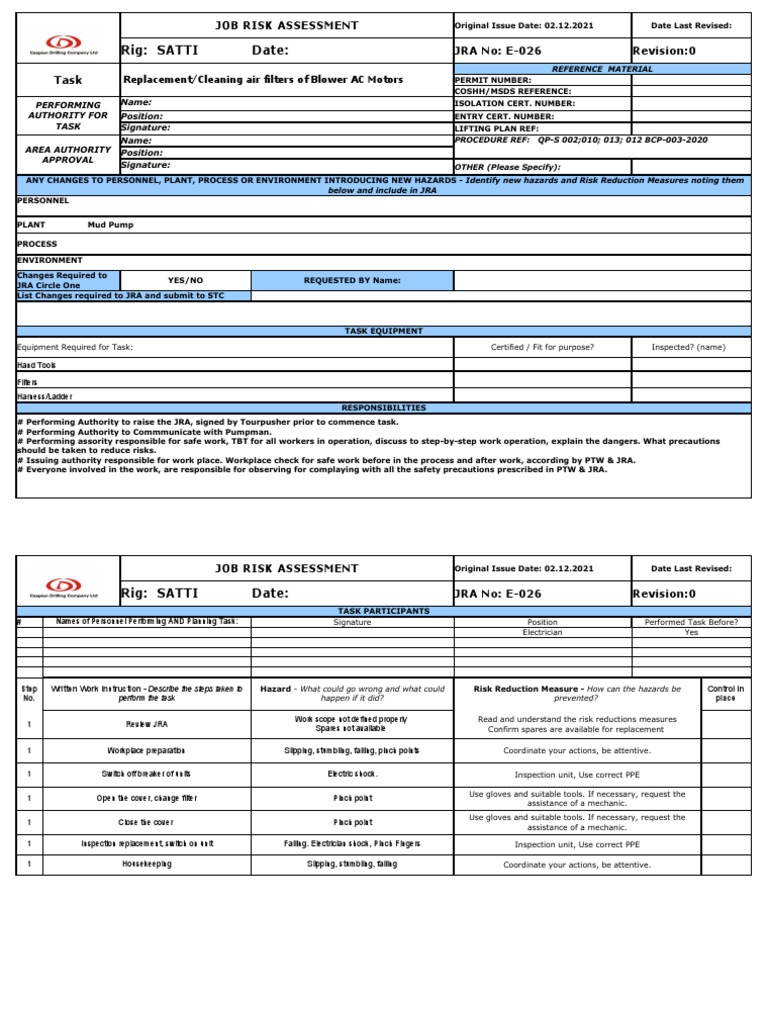 Rig: Satti Date:: Job Risk Assessment JRA No: E-026 Revision:0 Task ...