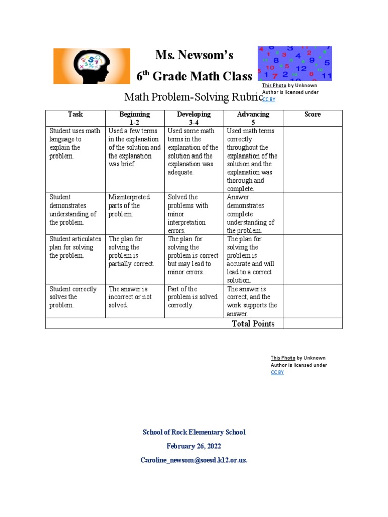 Ms. Newsom's 6 Grade Math Class: Math Problem-Solving Rubric | PDF ...
