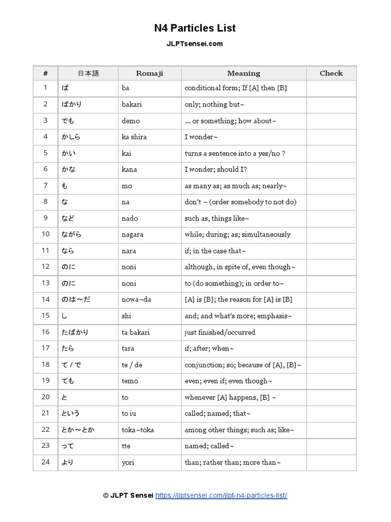 N4 Vocabulary - Particles List - JLPT Sensei | PDF