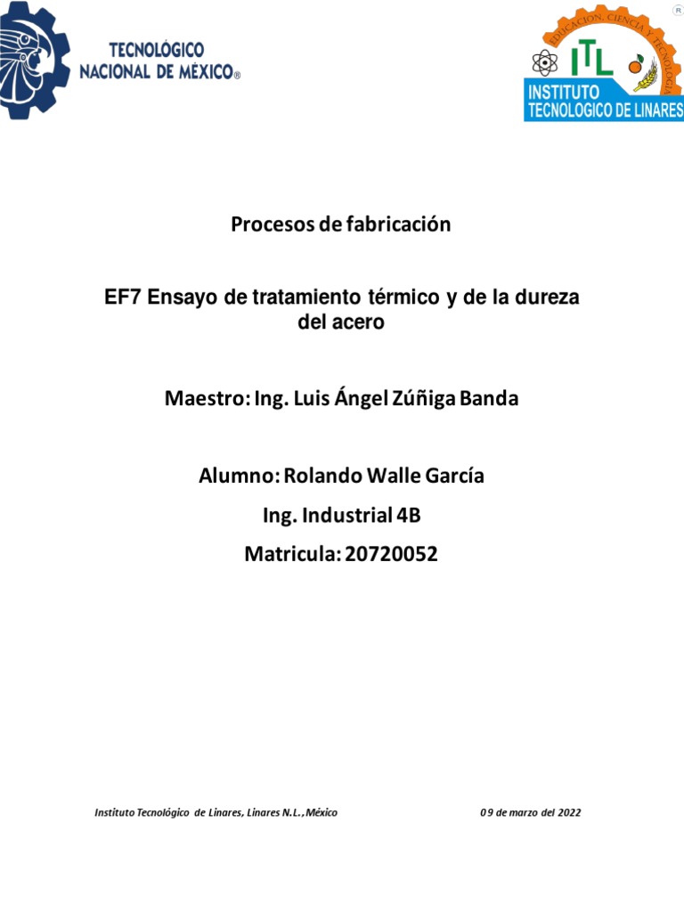 EF7 Ensayo de Tratamientos Térmicos y de La Dureza Del Acero | PDF | Tratamiento a base de calor ...