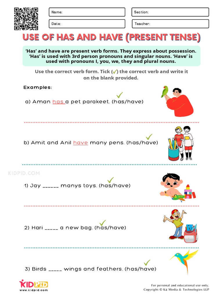 Use of Has and Have Worksheets For Grade 1 | PDF | Plural | Grammatical ...
