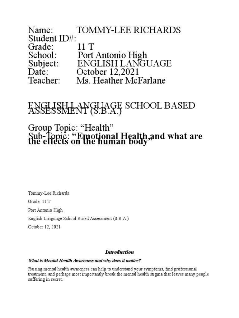 Tomm English SBA With Reflection@ | PDF | Mental Disorder | Mental Health