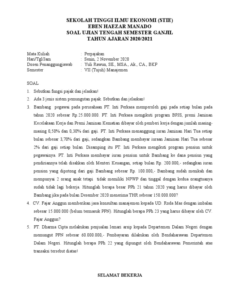 Soal UTS Perpajakan 2021 Manajemen | PDF