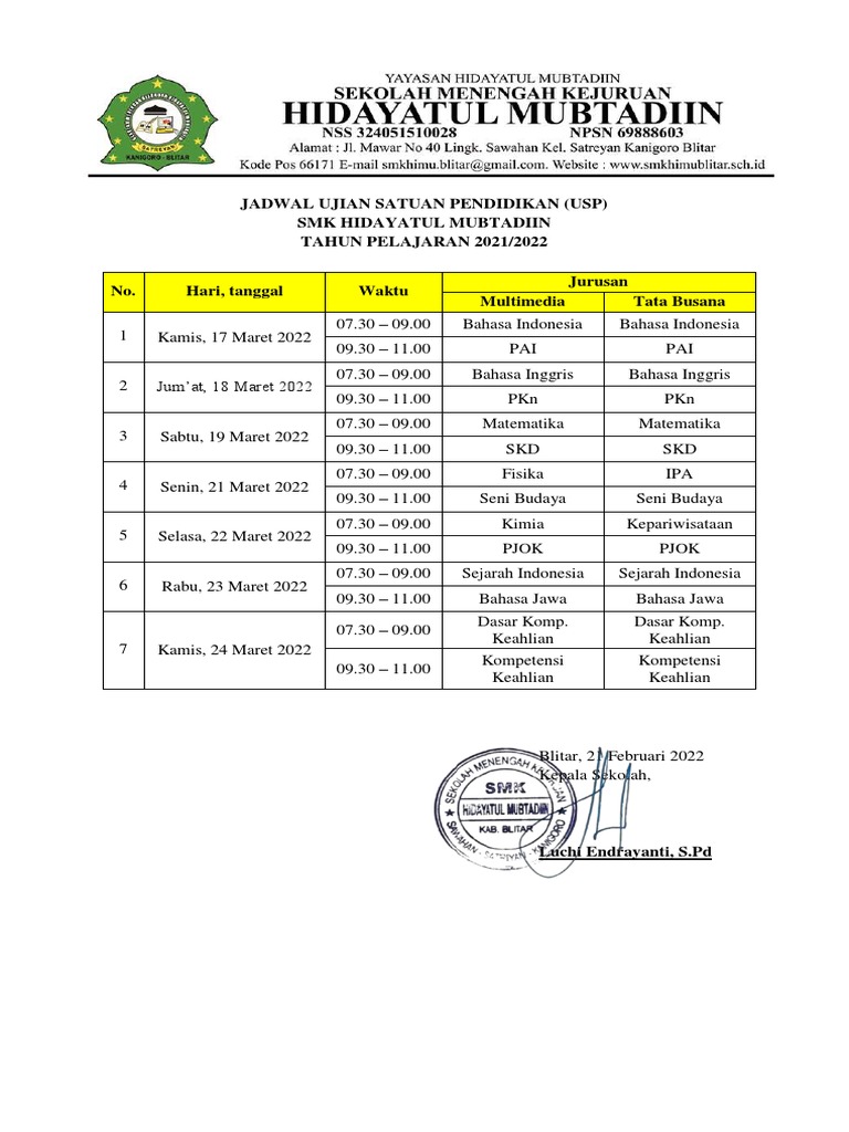 JADWAL USP Dan UKK SMK HIMU | PDF