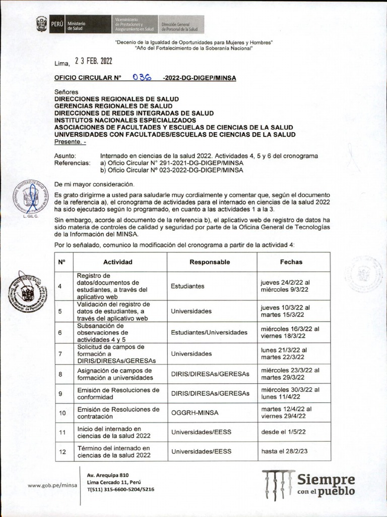 Oficio Circular #036 2022 DG Digep Minsa | PDF