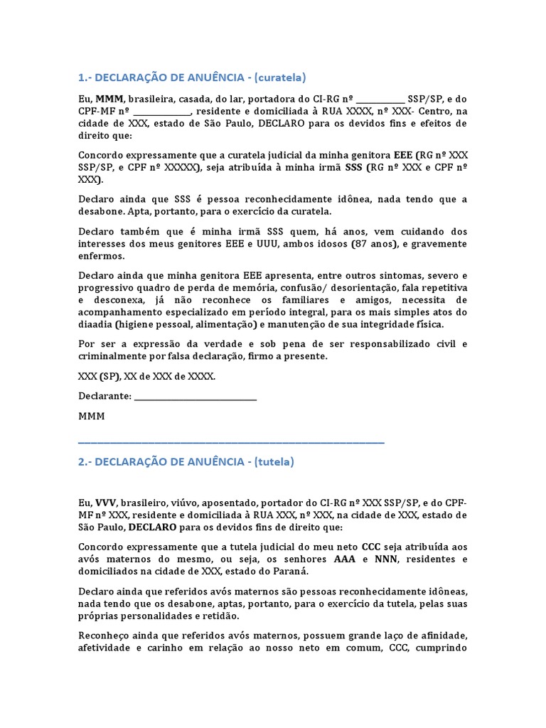 Modelos de Declaracoes de Anuencia Curatela e Tutela | PDF