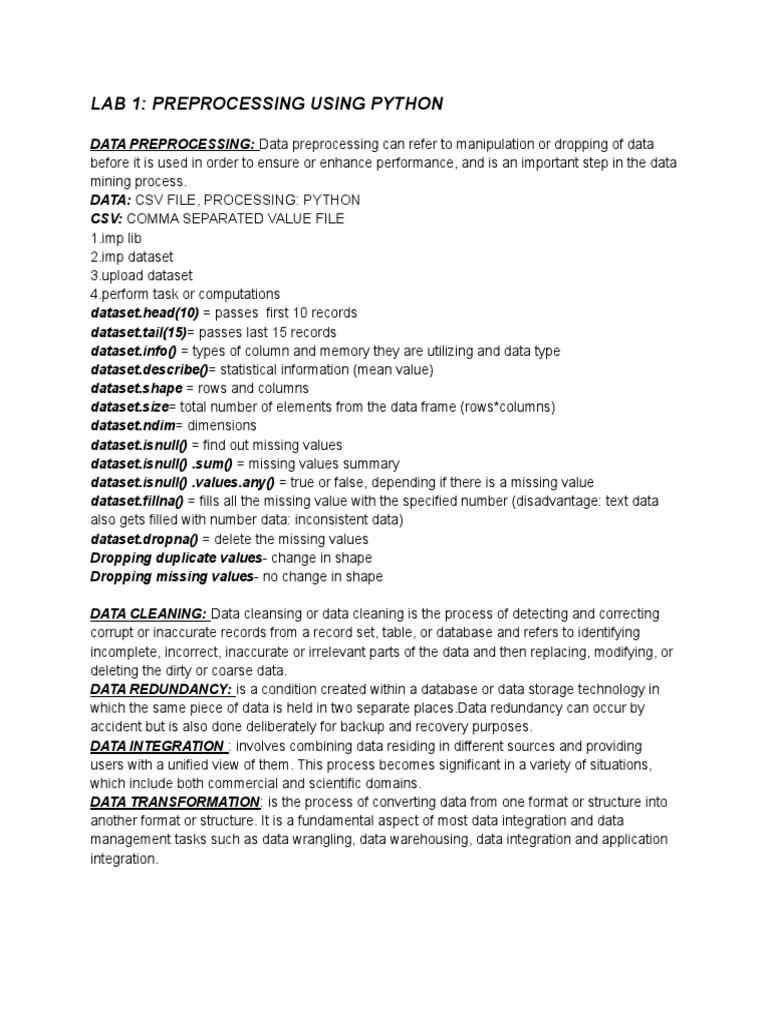 Lab 1: Preprocessing Using Python | PDF | Data Warehouse | Cluster Analysis