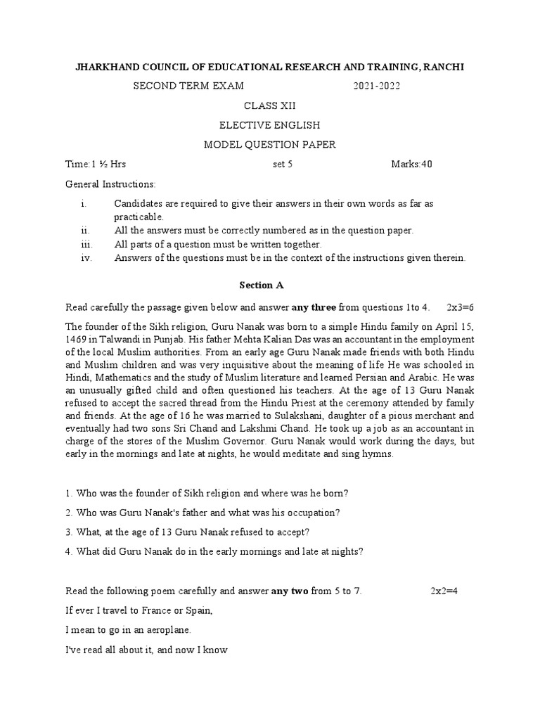 JAC-12th-ENGLISH-ELECTIVE - SET5-MODEL-PAPER - (Term-2) 2022 | PDF ...