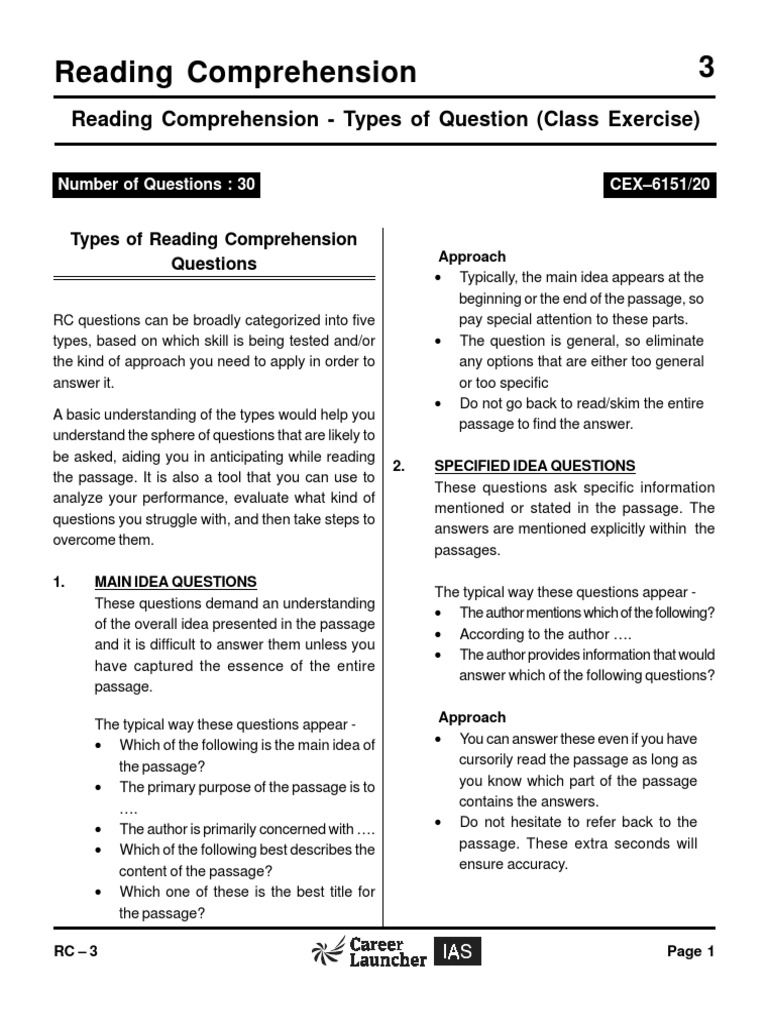 Reading Comprehension - Types of Question (Class Exercise) | PDF ...