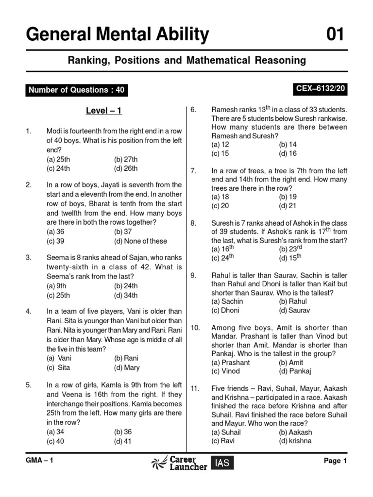 GMA-1 Ranking, Positions and Mathematical Reasoning Sheet | PDF