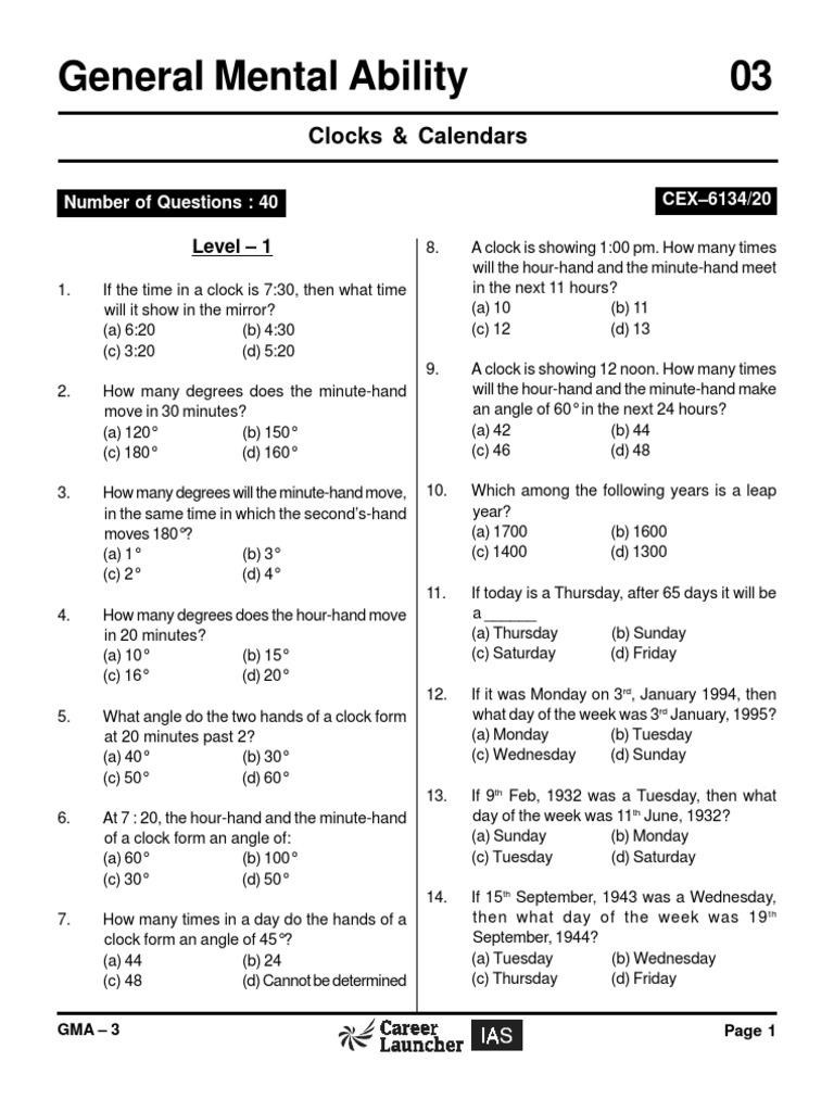 General Mental Ability 03: Clocks & Calendars | PDF | Hour | Clock