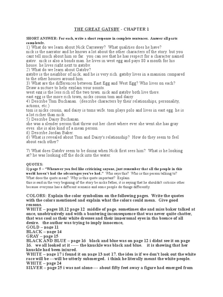 Great Gatsby Chapter 1 Study Guide | PDF | The Great Gatsby
