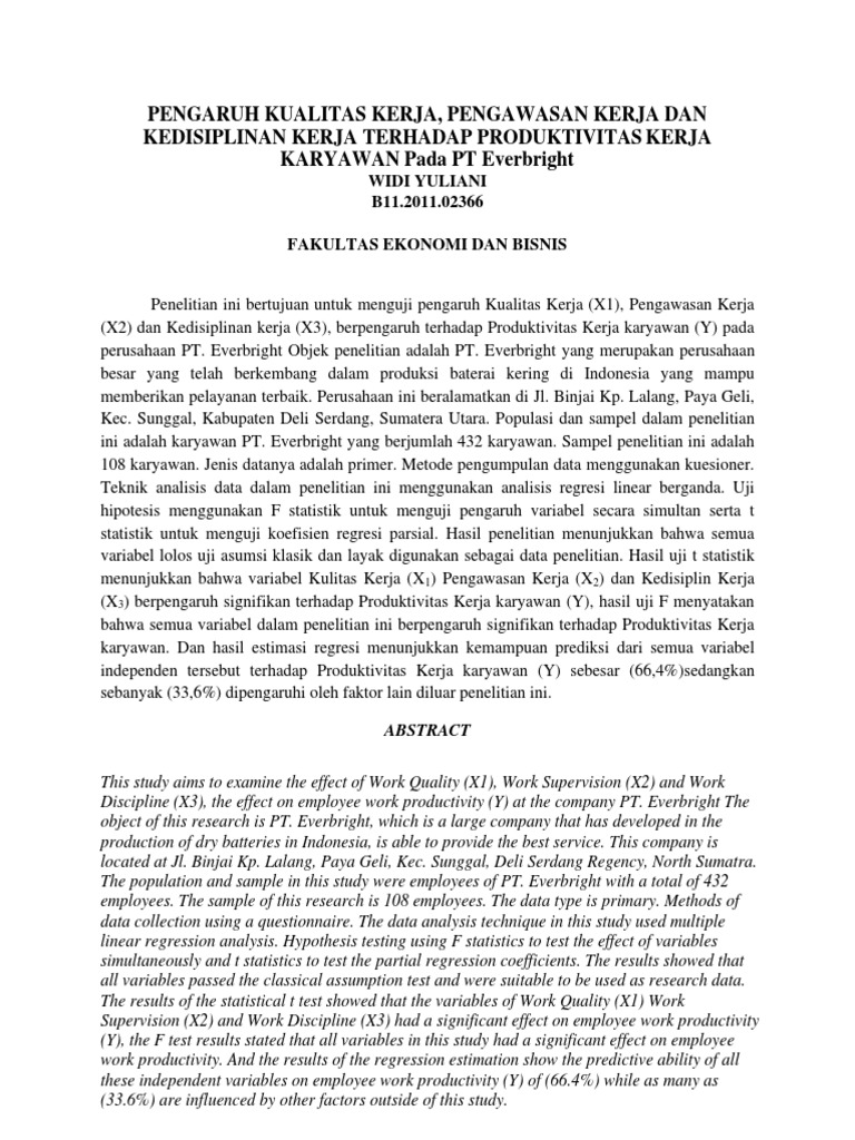 PENGARUH KUALITAS KERJA, PENGAWASAN KERJA DAN KEDISIPLINAN KERJA ...