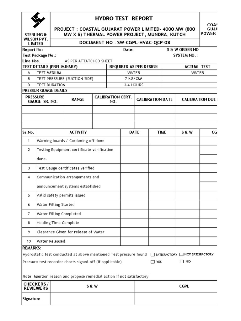 Hydro Test Report: Project: Coastal Gujarat Power Limited-4000 MW (800 ...