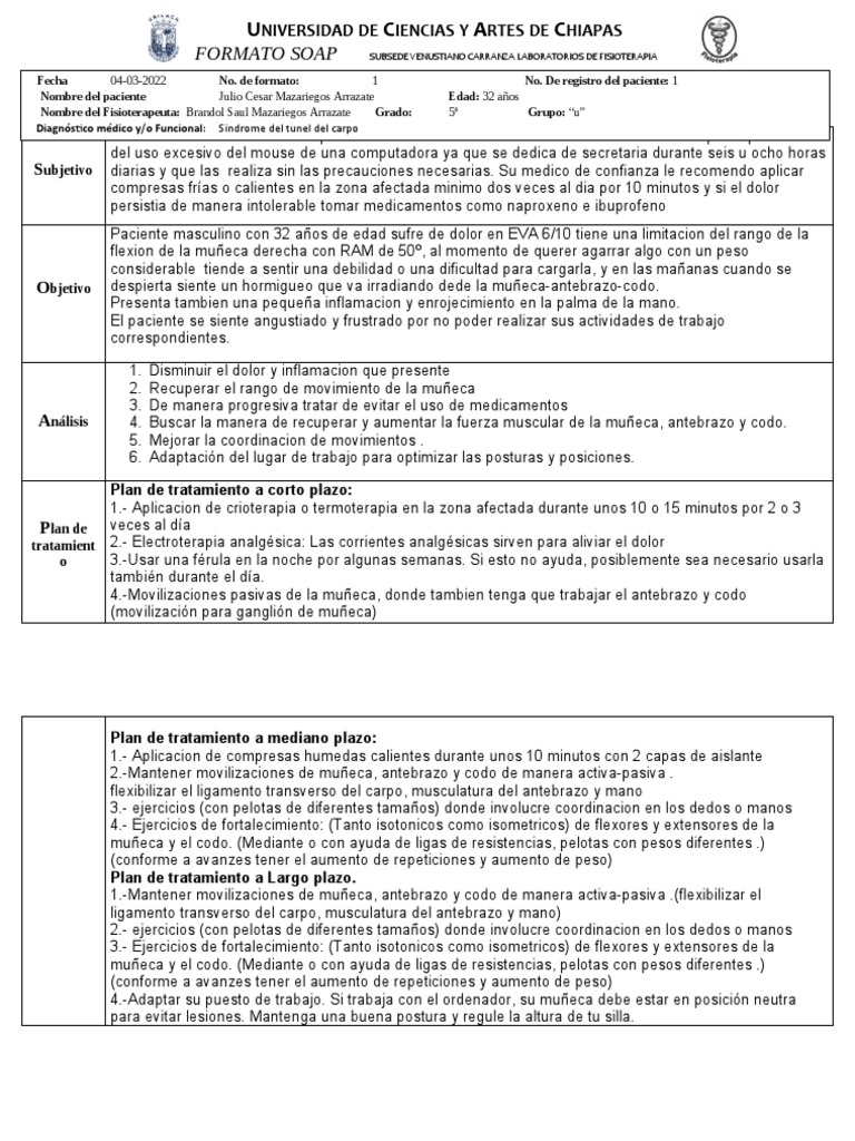 Formato Soap 2020 | PDF | Síndrome del túnel carpiano | Medicina