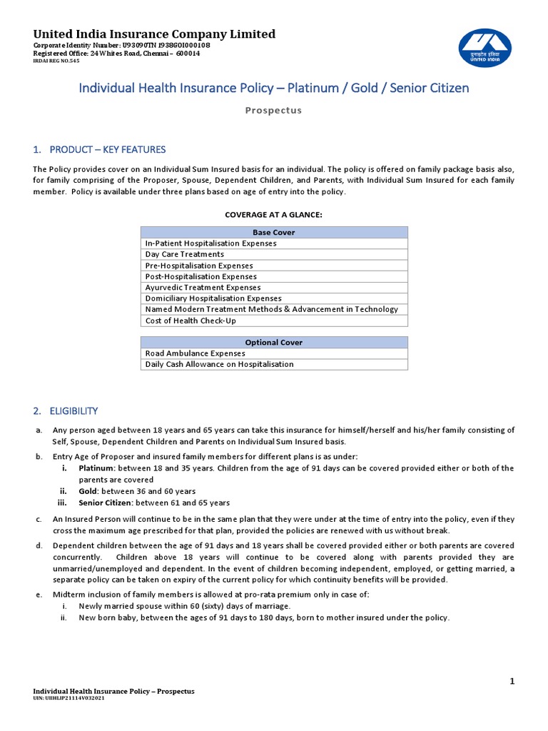 Individual Health Insurance Policy Prospectus | PDF | Insurance | Hospital