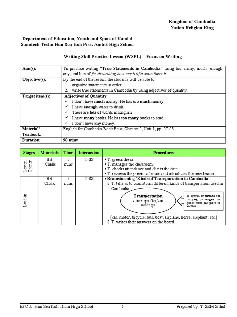 EFC10-Chapter2-Unit1-Writing Lesson Plan | PDF | Noun | Cambodia