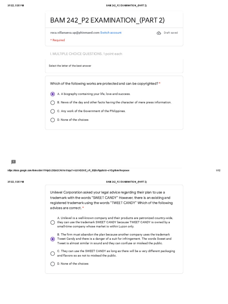 Bam 242 - P2 Examination - (Part 2) : I. Multiple Choice Questions. 1 ...
