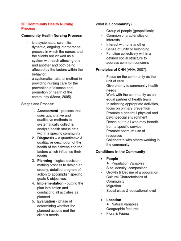 Community Health Nursing Process Guide | PDF | Evaluation | Community