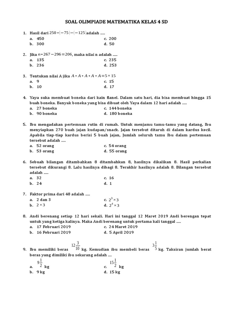 Soal Olimpiade Matematika Kelas 4 SD | PDF