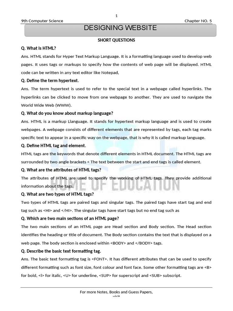9th Class Computer Chapter No. 5 | PDF | Html Element | Html