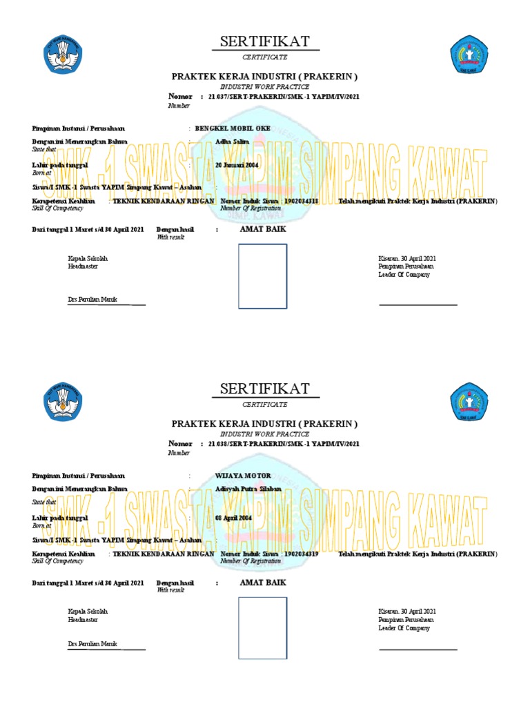 Sertifikat. Prakerin 12 TKR 2. 2021 | PDF