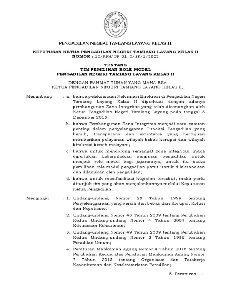 SK Pembentukan Tim Pemilihan Role Model Dan Agen Perubahan 2022 | PDF