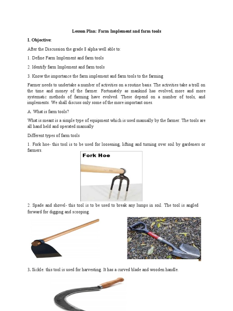Lesson Plan: Farm Implement and Farm Tools I. Objective | PDF