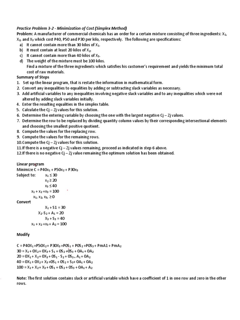 Practice Problem 3-2 - Minimization of Cost (Simplex Method) | PDF ...