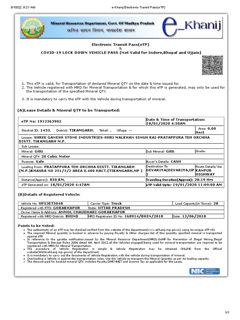 Madhya Pradesh Transit Pass MM11 Rawanna Gitti | PDF | Economies ...