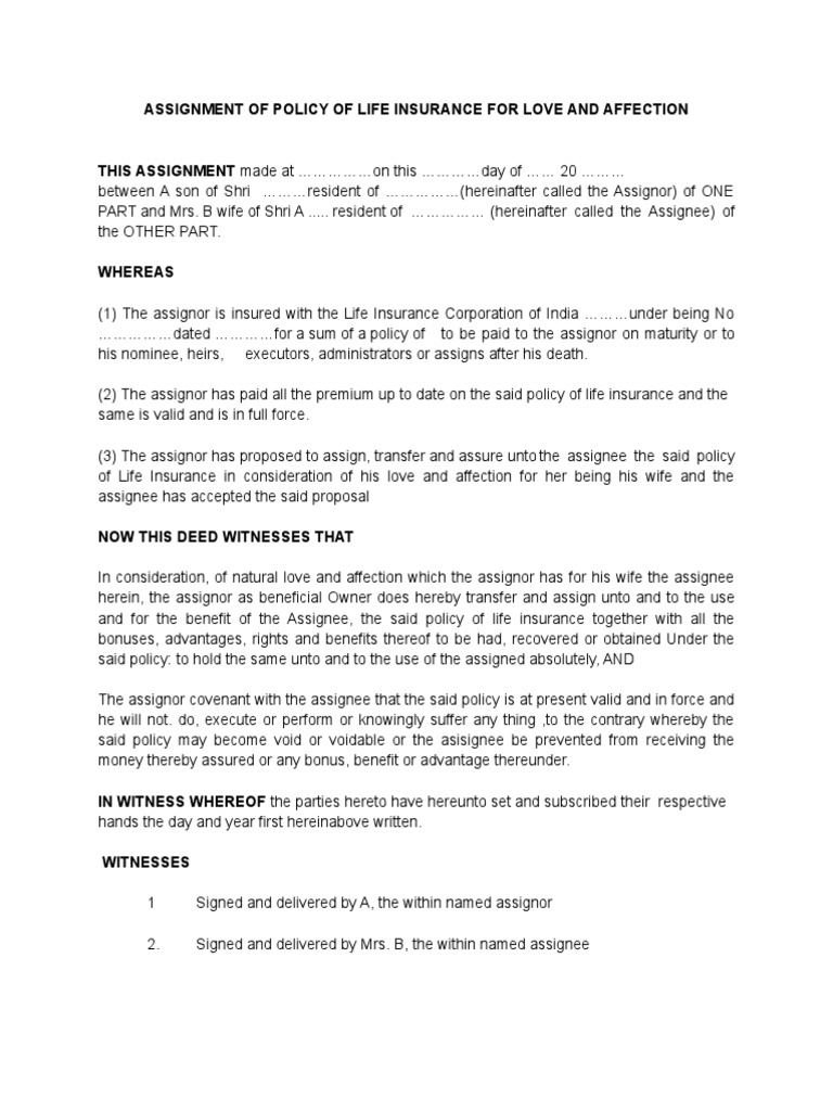 LIC Policy Assignment for Love | PDF