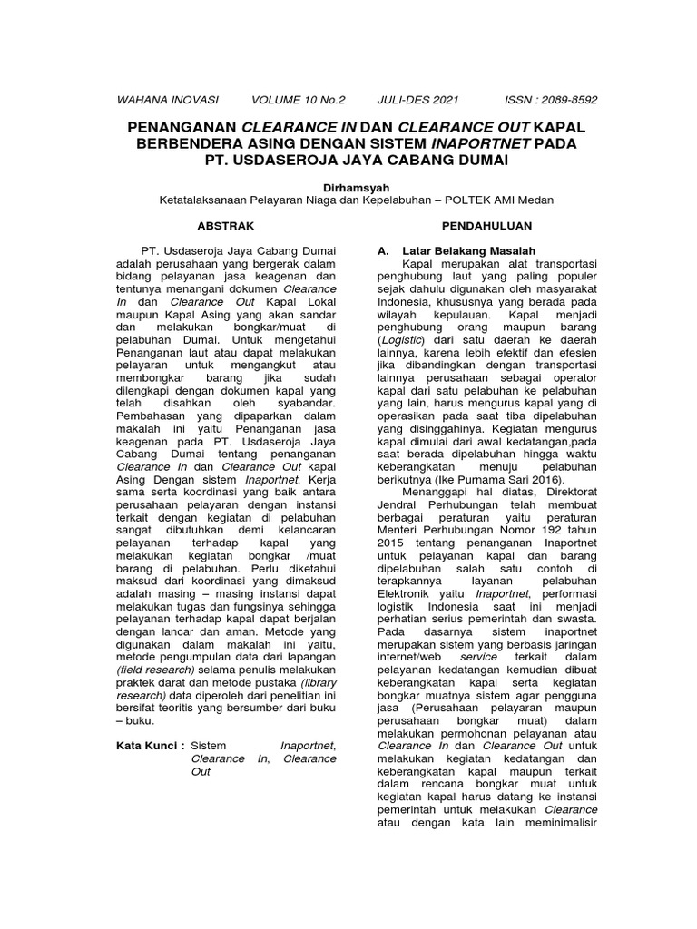 Penanganan Clearance In dan Clearance Out Kapal Berbendera Asing dengan ...