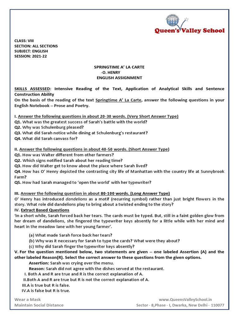 Class Viii - English - Springtime A' La Carte Worksheet | PDF