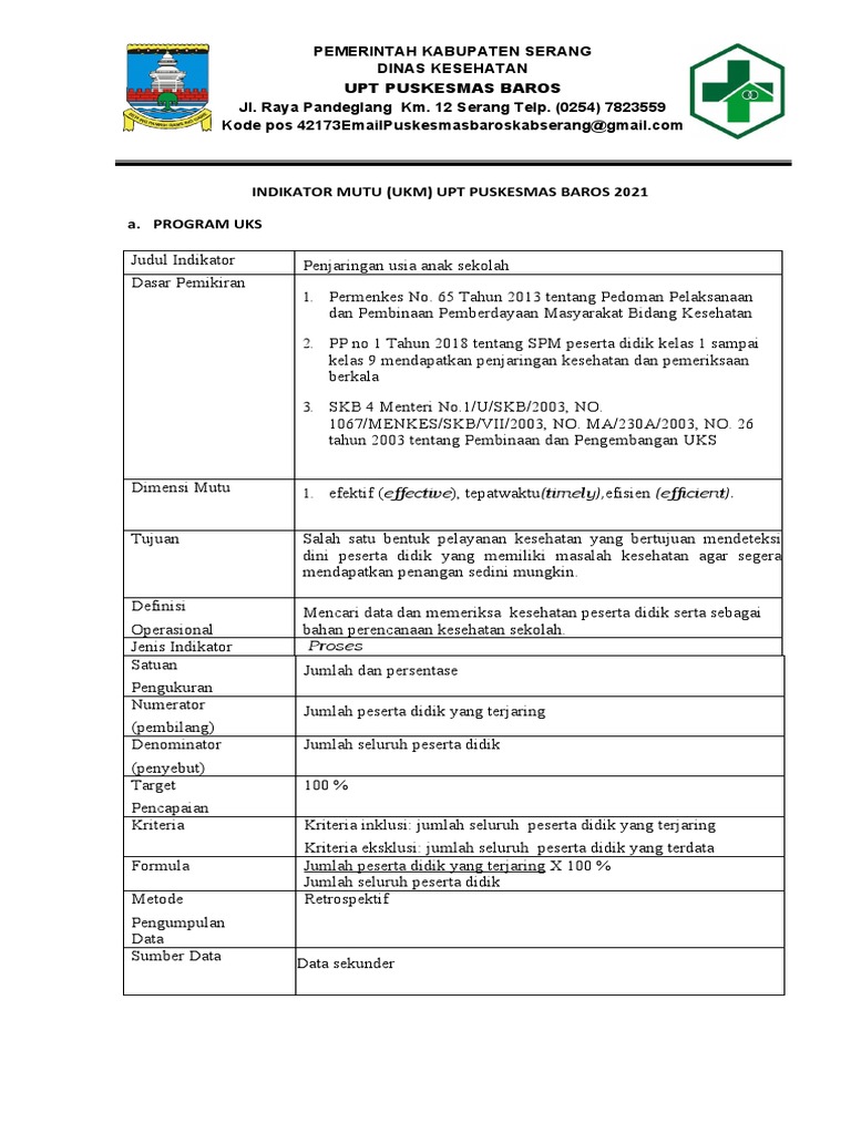 Indikator Mutu UKS Puskesmas Baros 2021 | PDF | Pengembangan Diri | Kesehatan Holistik