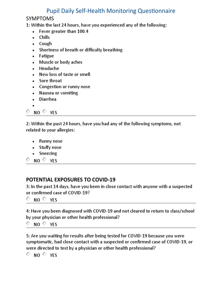 Pupil Daily Self-Health Monitoring Questionnaire: Symptoms | PDF | Self ...